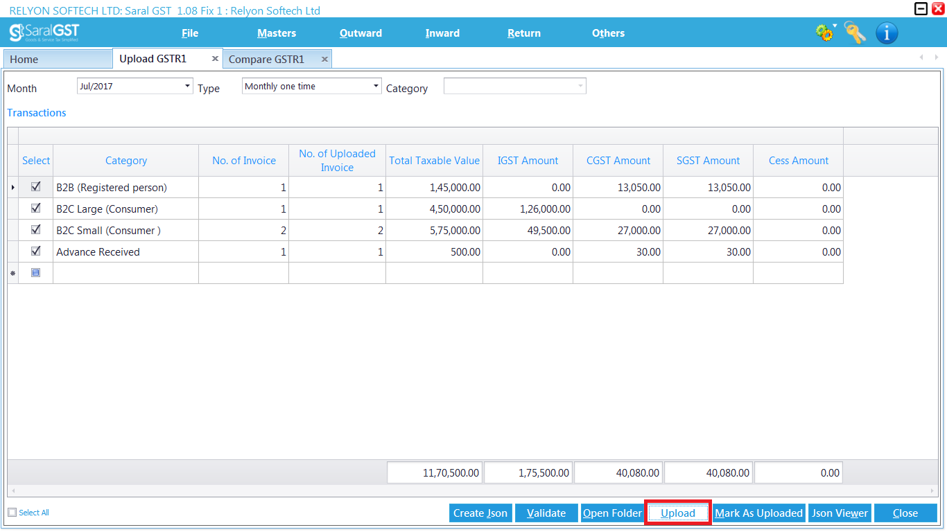 GSTR-1 JSON creation and upload using Saral GST - Step 2